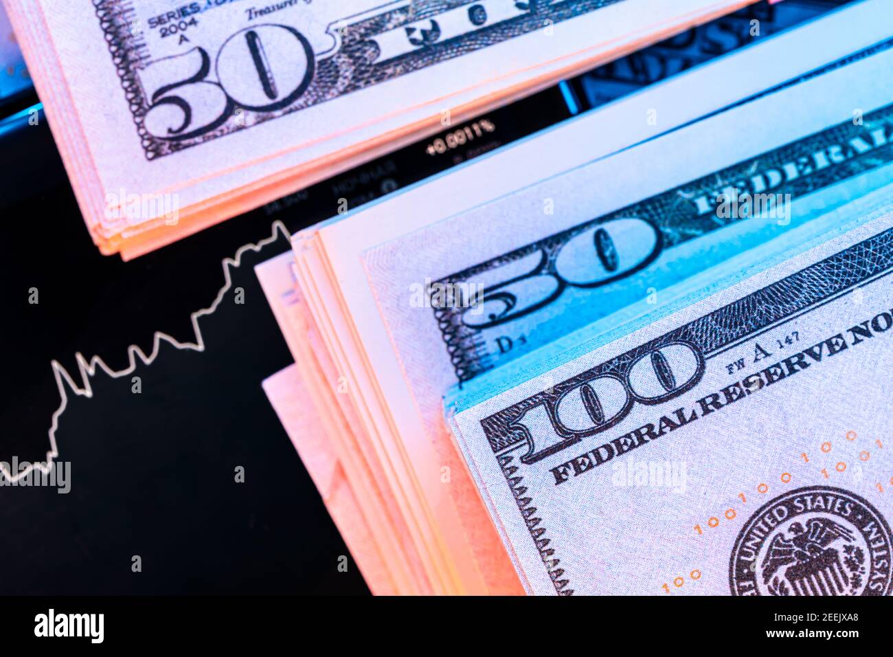 Dollars in front of a monitor with a price chart. Forex and trading ...