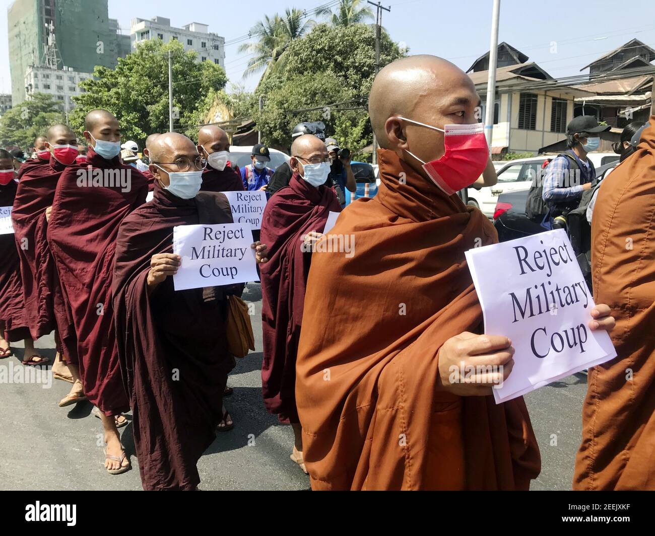 Monks protest in Yangon, Myanmar, on Feb. 16, 2021, against the Feb. 1 ...