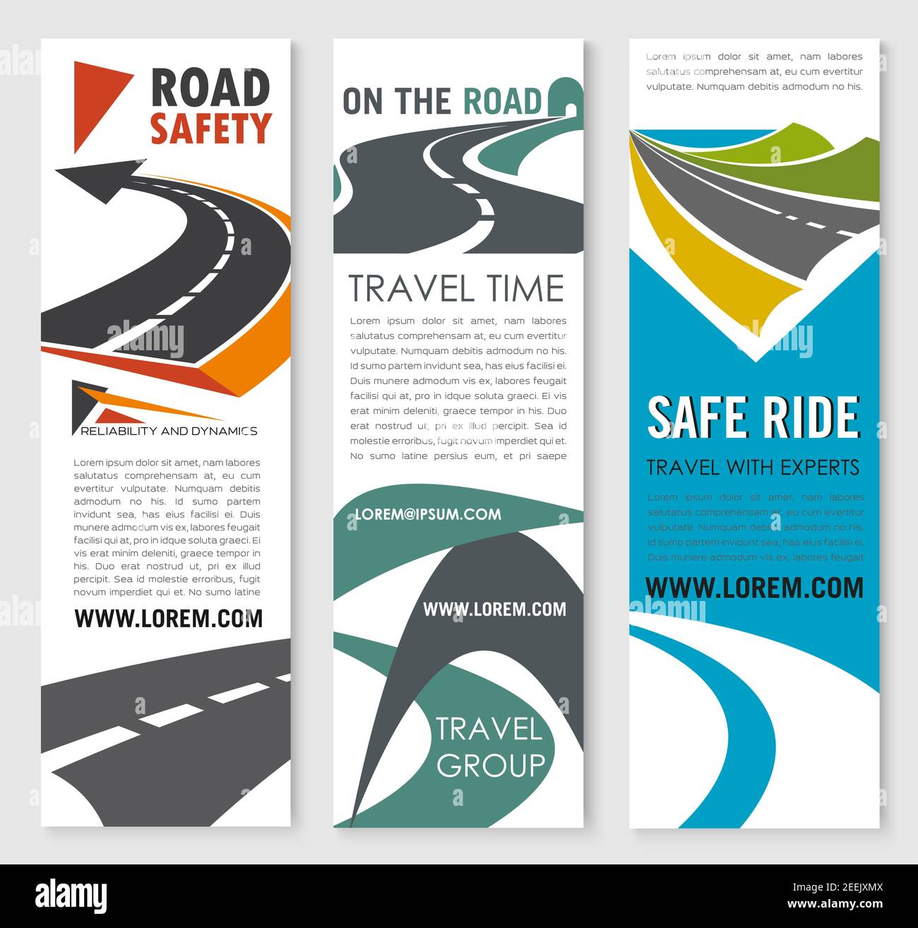 Road safety, travel and car trip banner set. Turn of asphalt highway ...