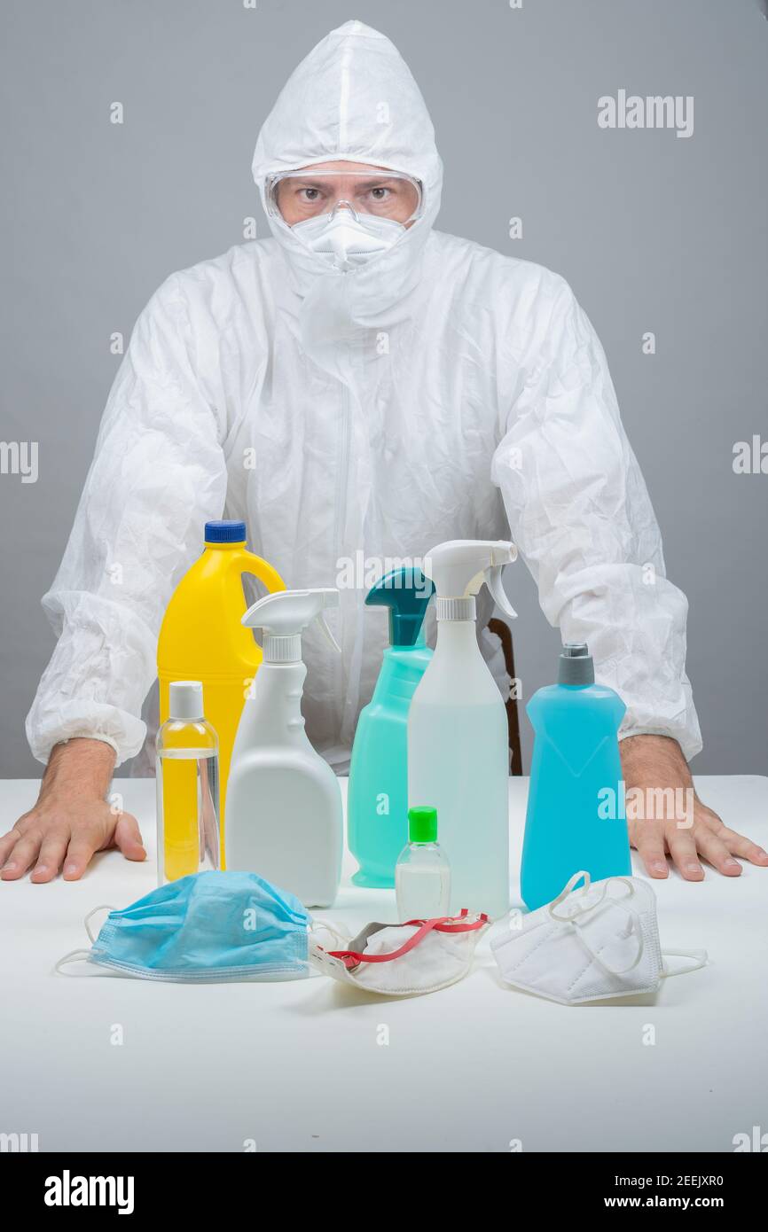 Cleaning and protection products against viruses Stock Photo - Alamy