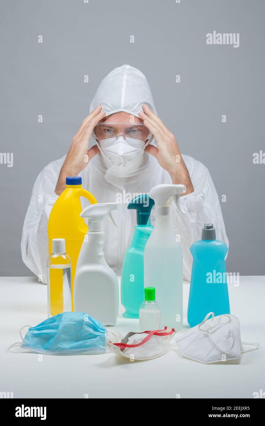 Cleaning and protection products against viruses Stock Photo - Alamy