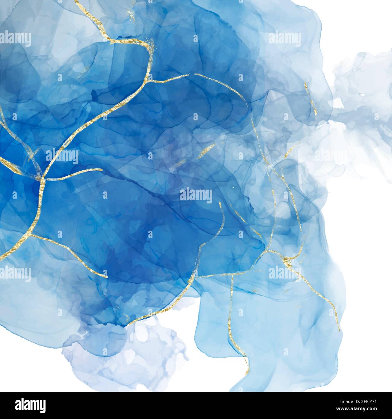 Abstract blue liquid watercolor background with golden crackers. Pastel ...