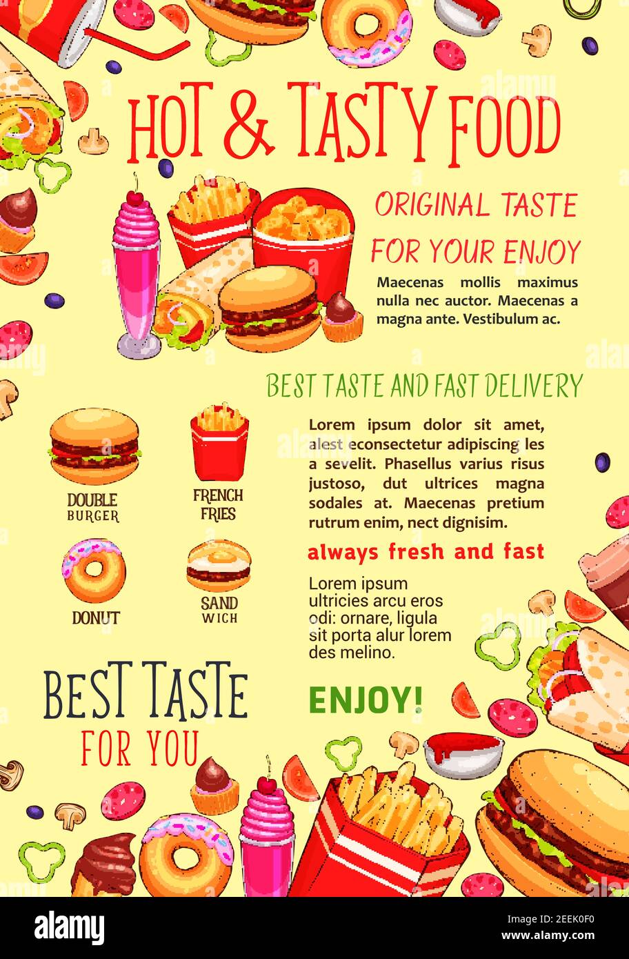 Fast food poster of cheeseburger, hot dog sandwich or donut and pizza ...