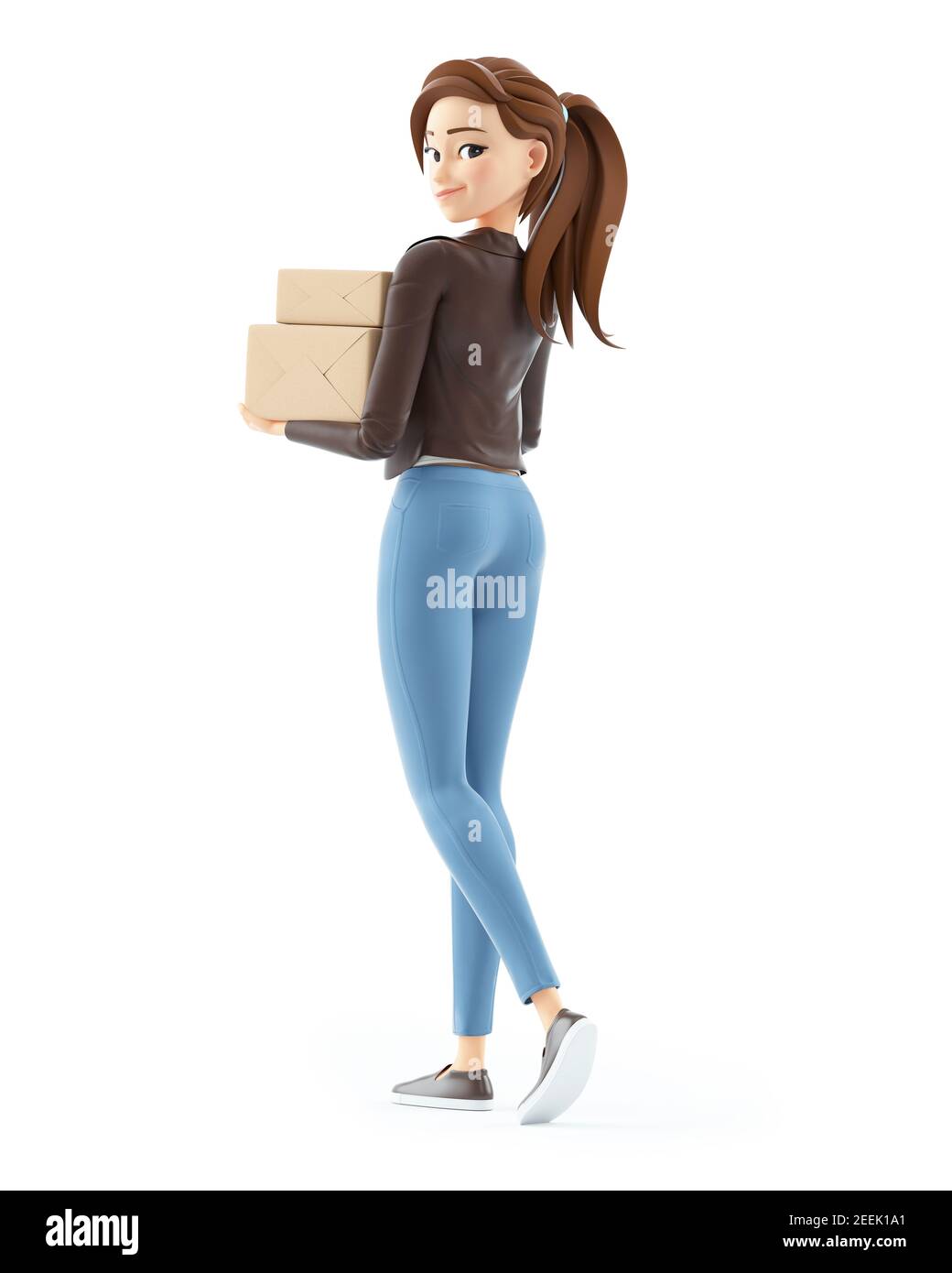 3d cartoon woman walking and carrying packages, illustration isolated ...