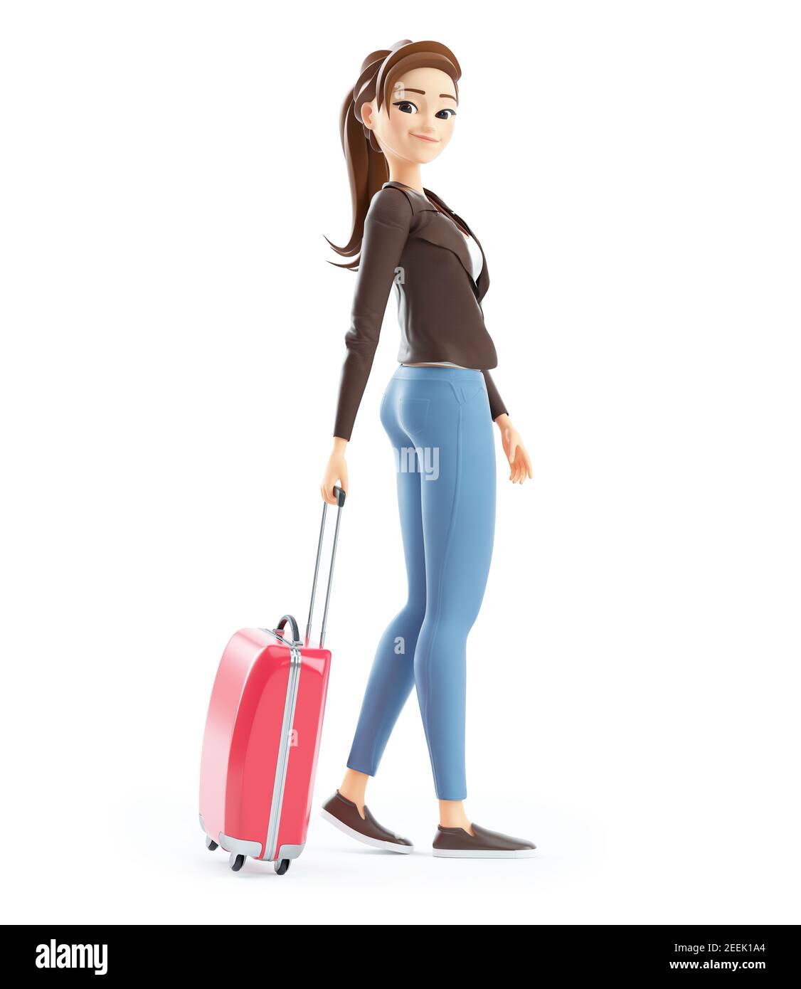 3d cartoon woman walking with travel suitcase, illustration isolated on ...