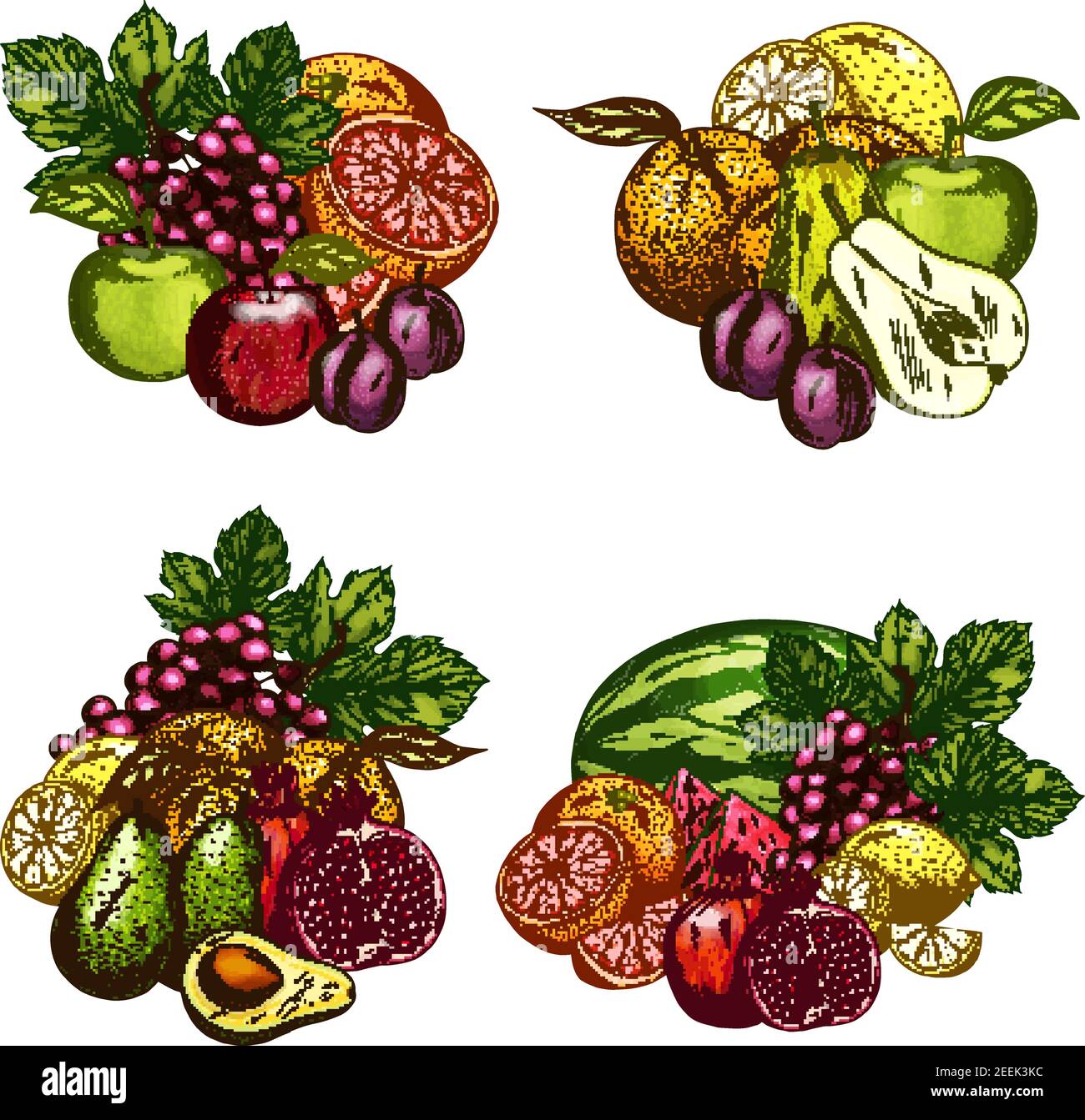 Fruits bunches icons set. Vector farm harvest of red grape, watermelon ...