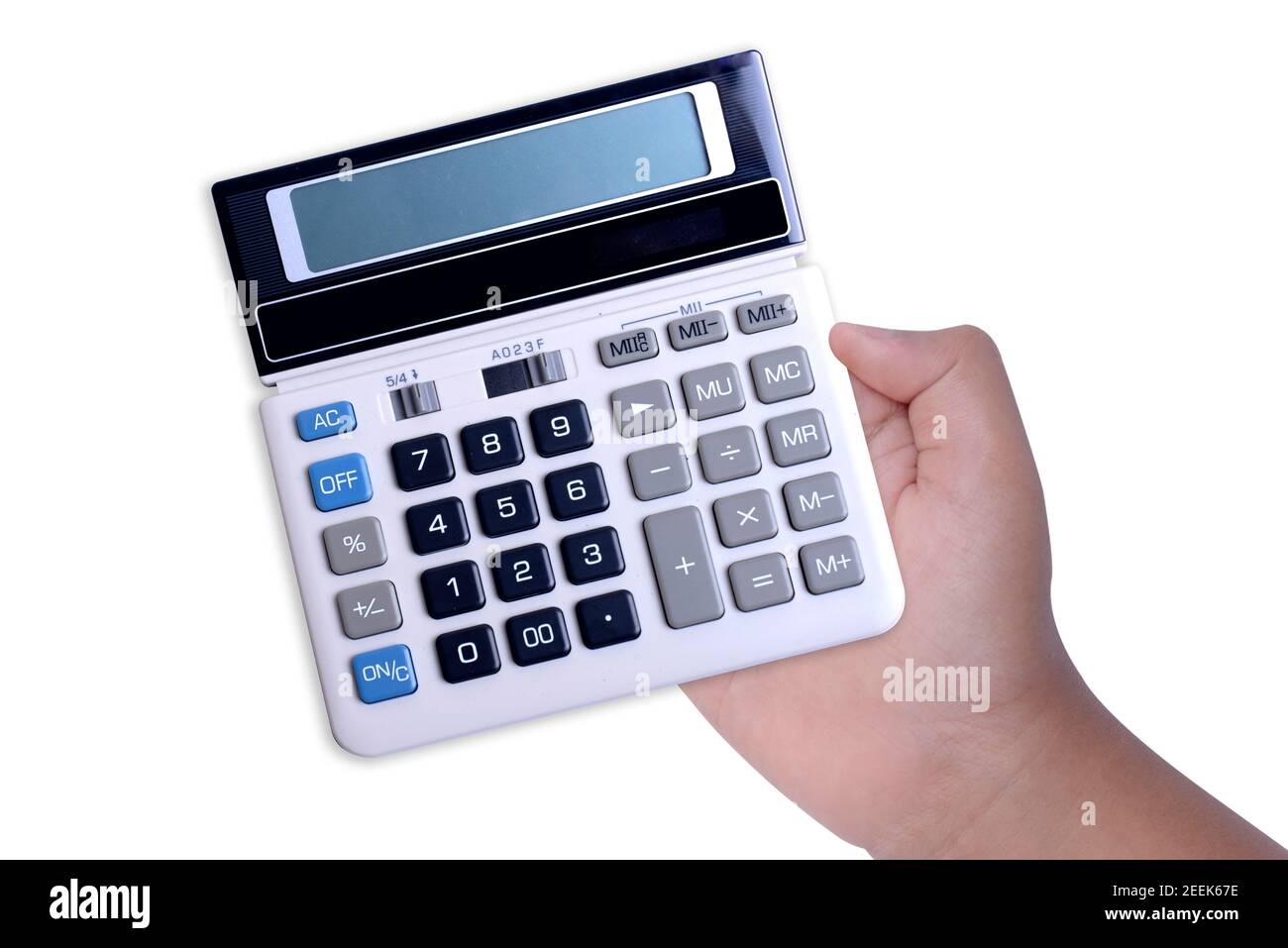 Hand holding the calculator isolated over white background Stock Photo ...