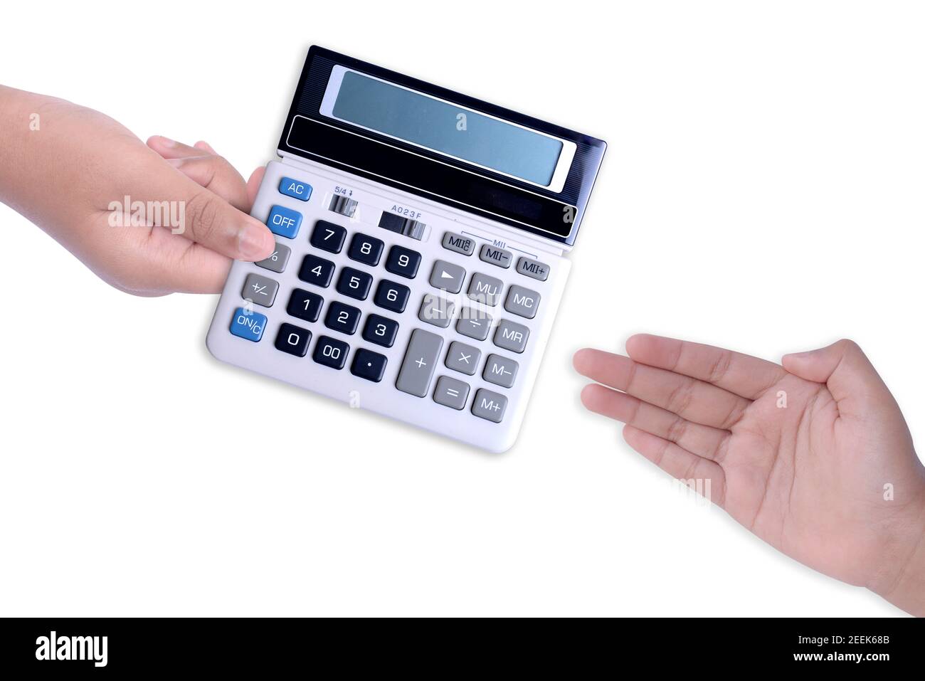 Hand giving the calculator isolated over white background Stock Photo ...