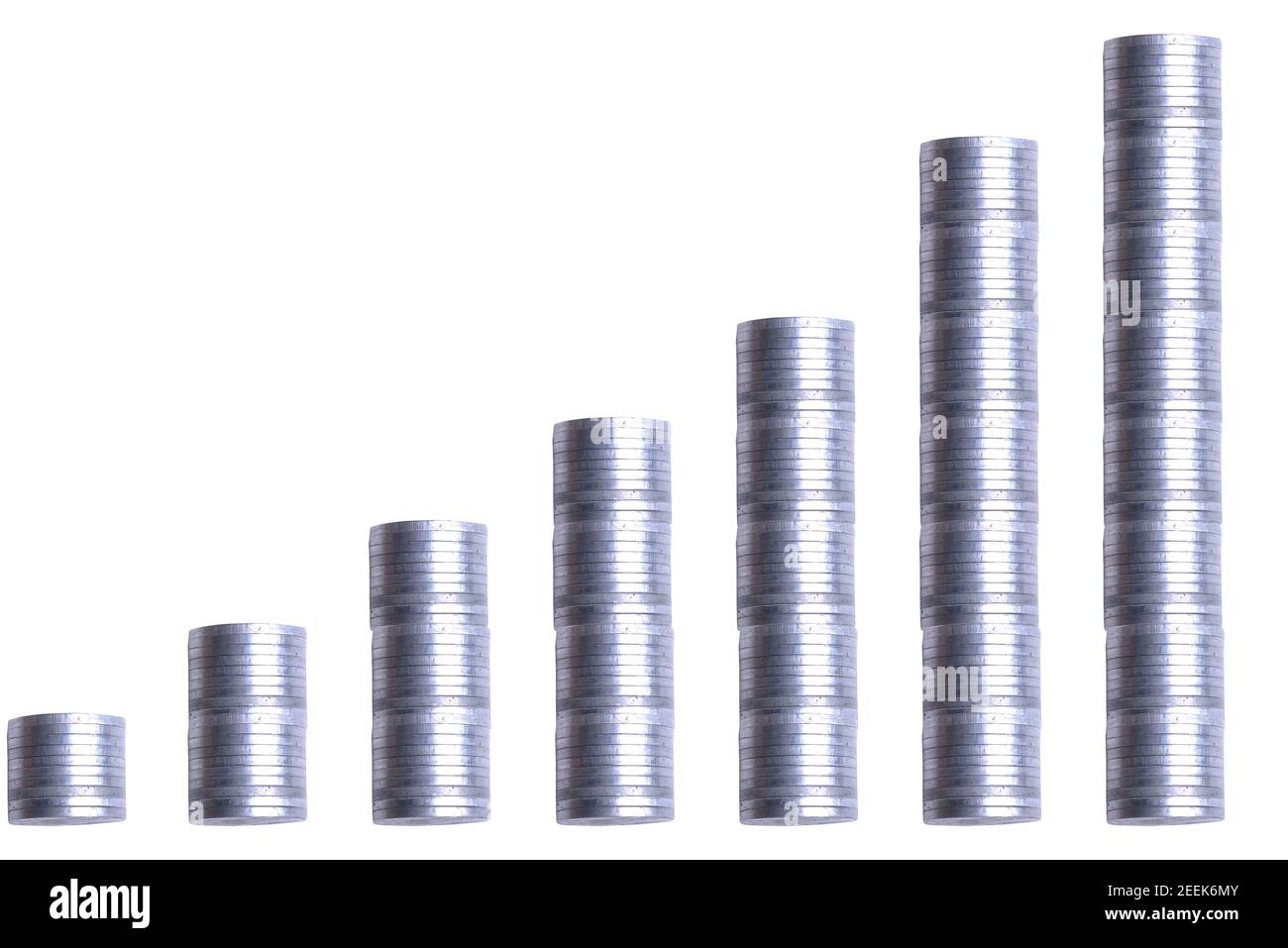Stack of silver coins with stairs pattern isolated over white ...