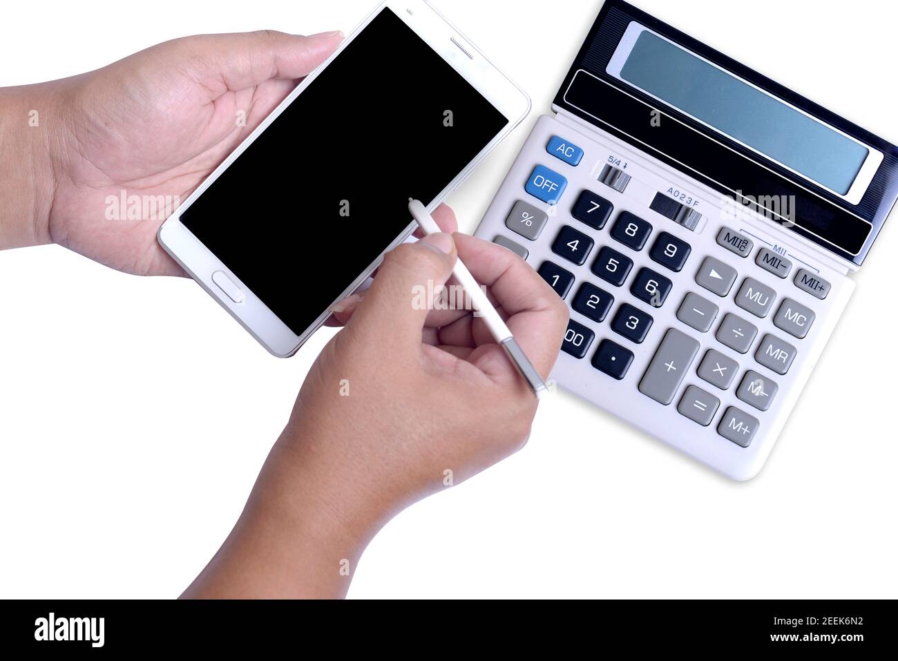 Hand using modern mobile phone with calculator isolated over white ...