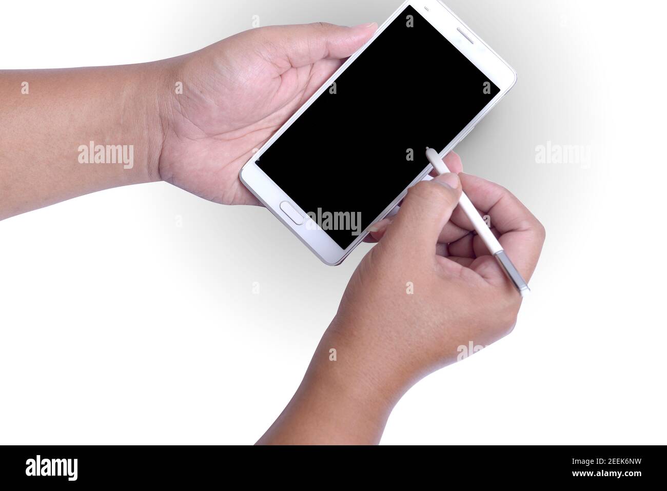 Hand using modern mobile phone isolated over white background Stock ...