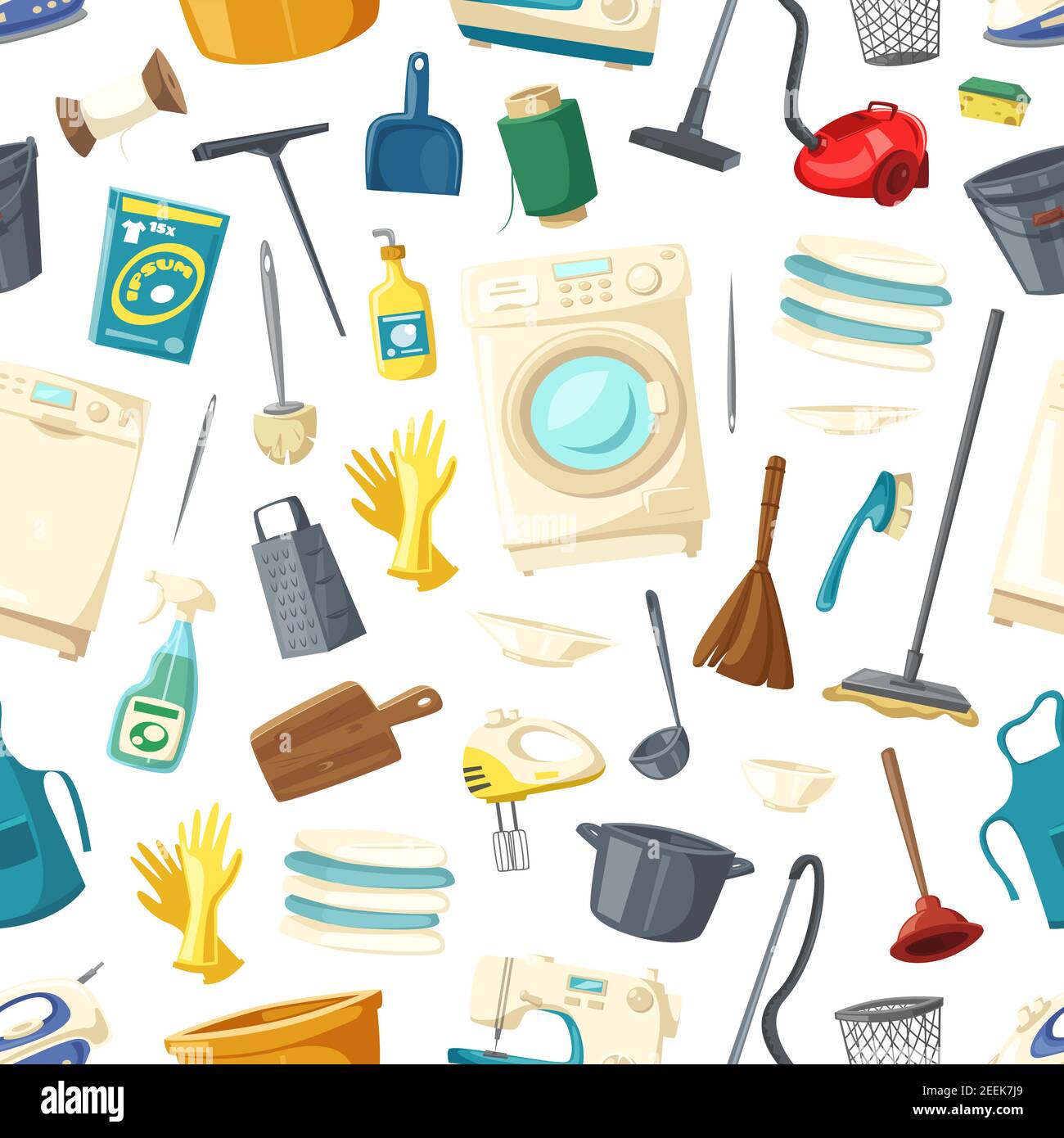 Housework seamless pattern of cleaning, mopping and laundry vector flat ...