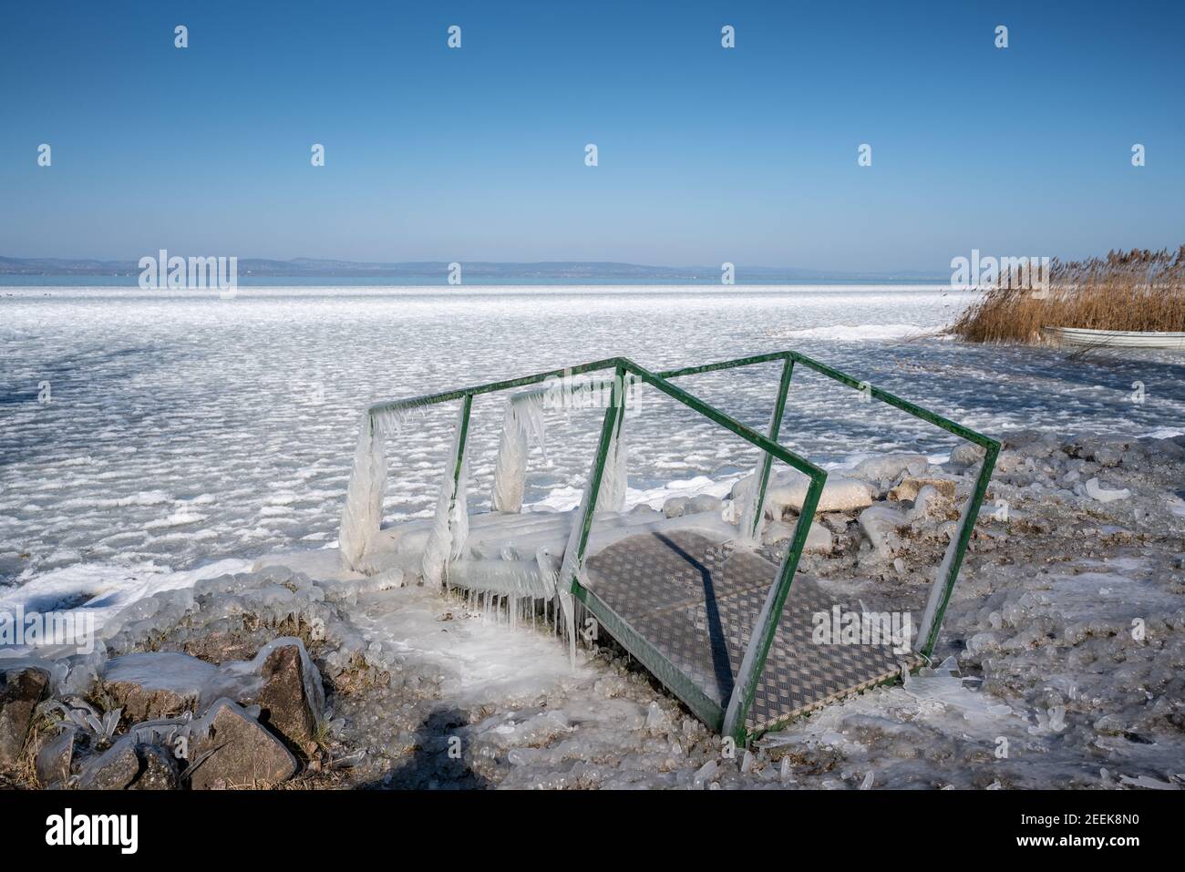 Beautiful frozen Lake Balaton with steel steps Stock Photo - Alamy