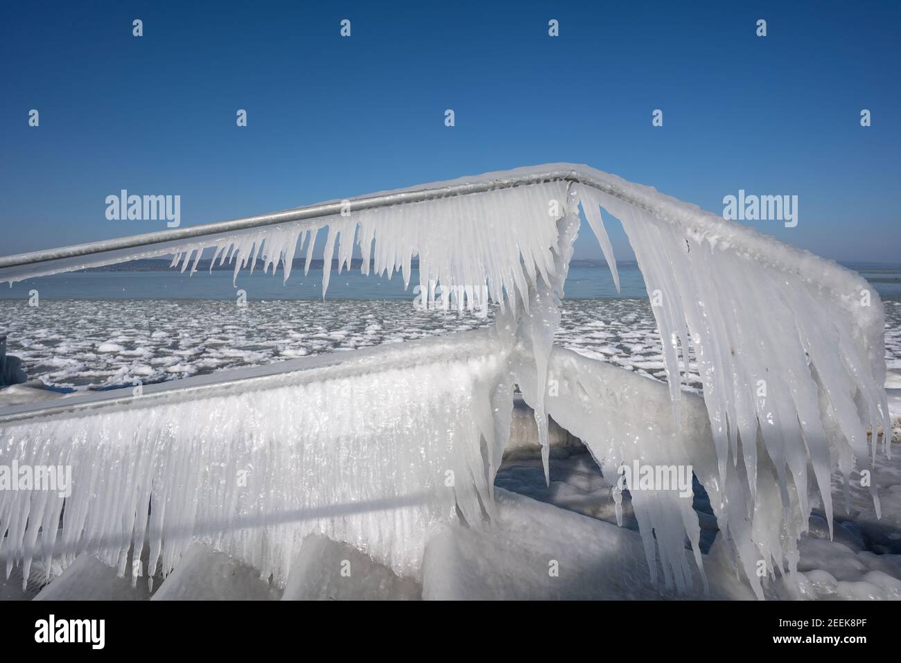 Beautiful frozen Lake Balaton with steel steps Stock Photo - Alamy