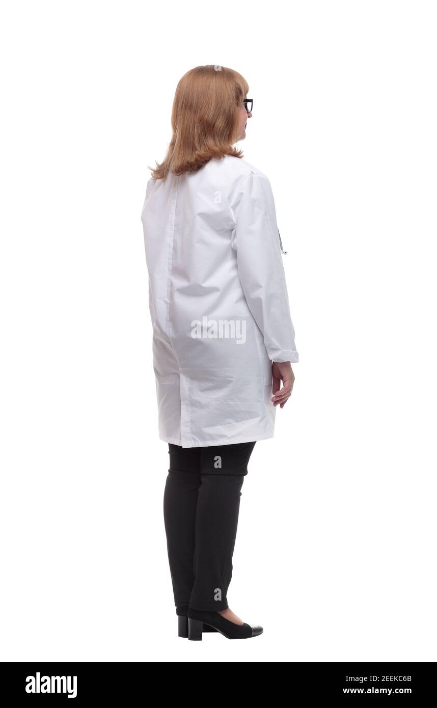 side view. serious female medic looking at a white screen Stock Photo ...