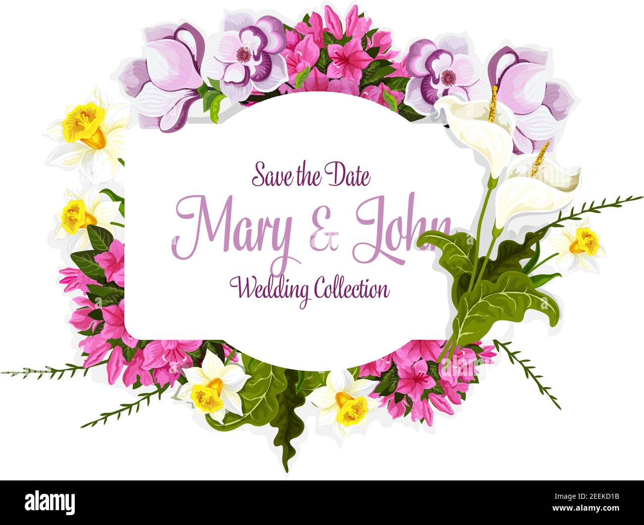 Wedding greeting card of flowers and floral bouquet with bride and ...