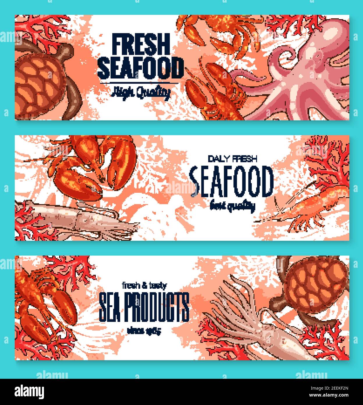 Seafood fresh product banner set. Crab, shrimp, lobster, octopus, squid ...