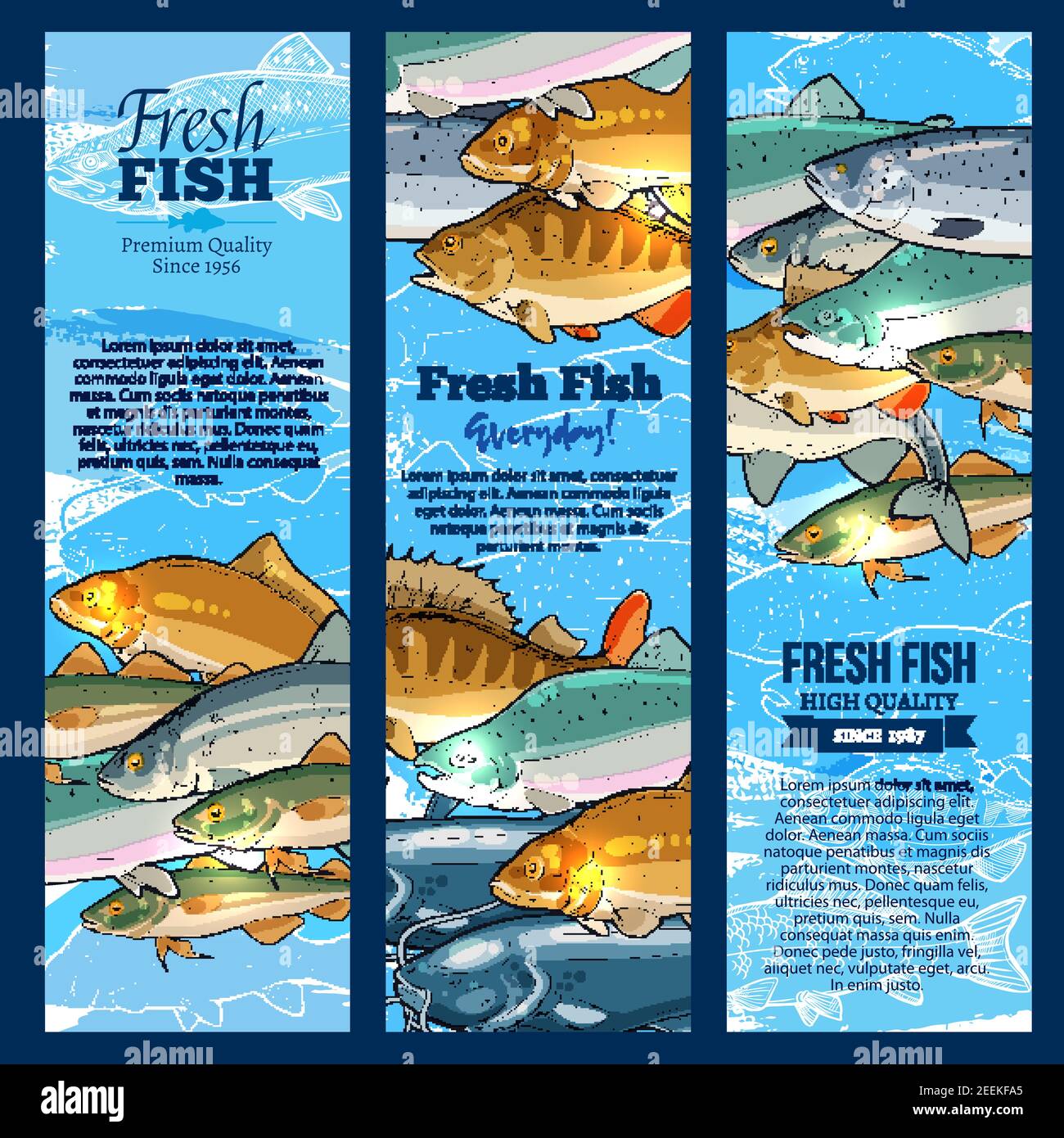 Fresh fish banners set for sea or ocean food and seafood market or shop ...