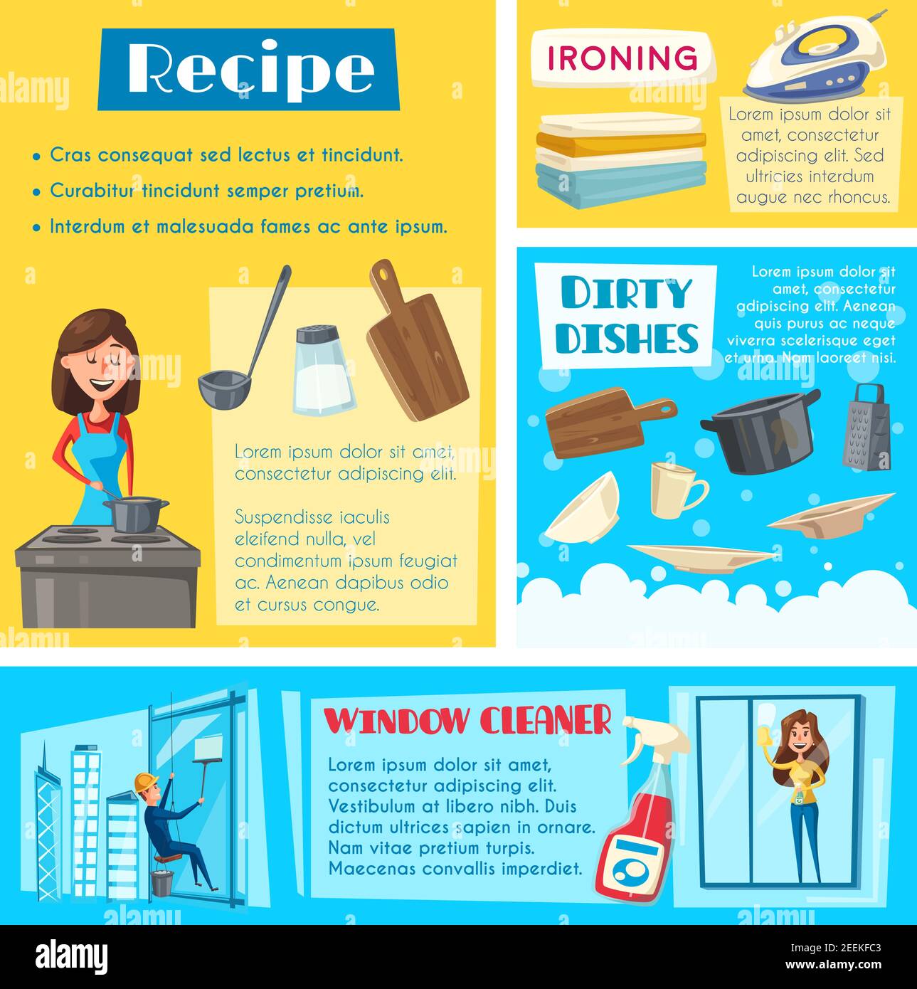 Housework washing, room cleaning and dish cooking poster or banners ...