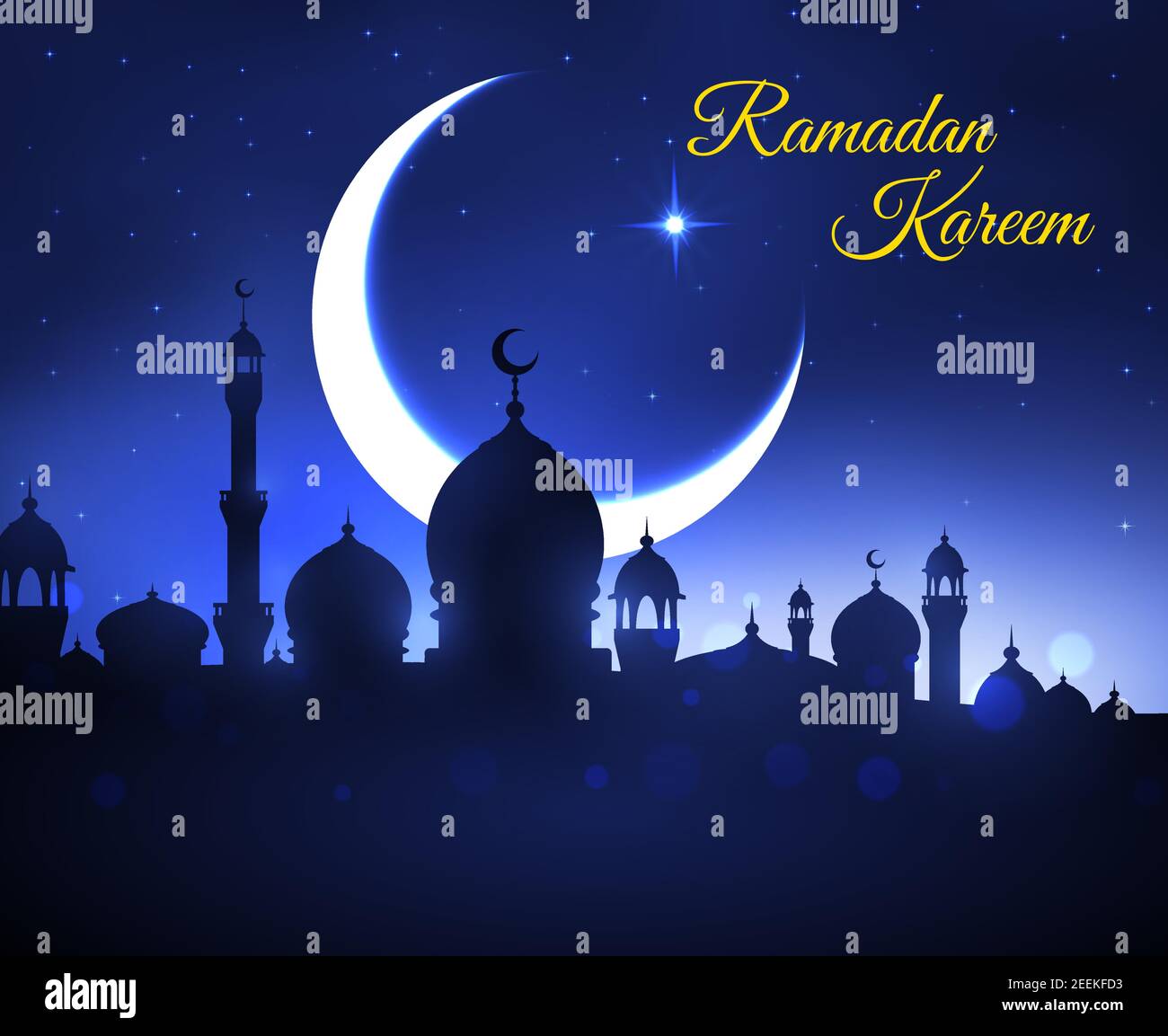 Ramadan Kareem greeting card. Muslim mosque silhouette on night sky ...