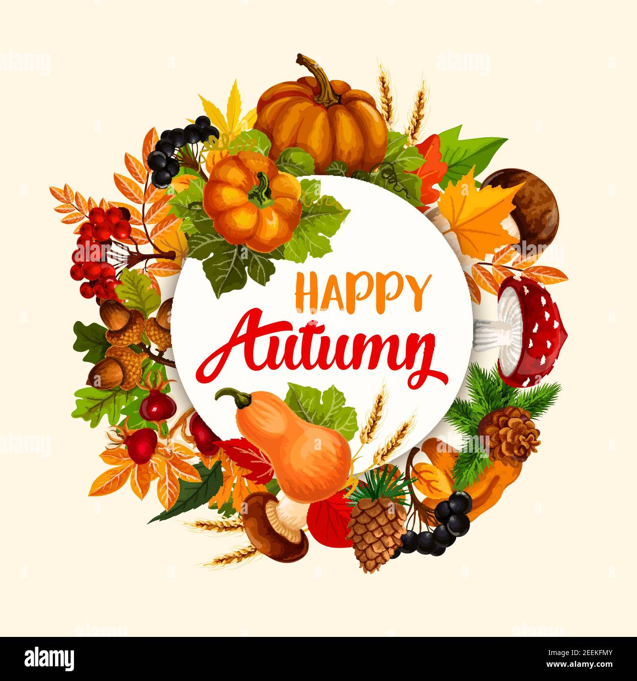 Autumn poster of fall nature season. Maple leaf, pumpkin vegetable ...