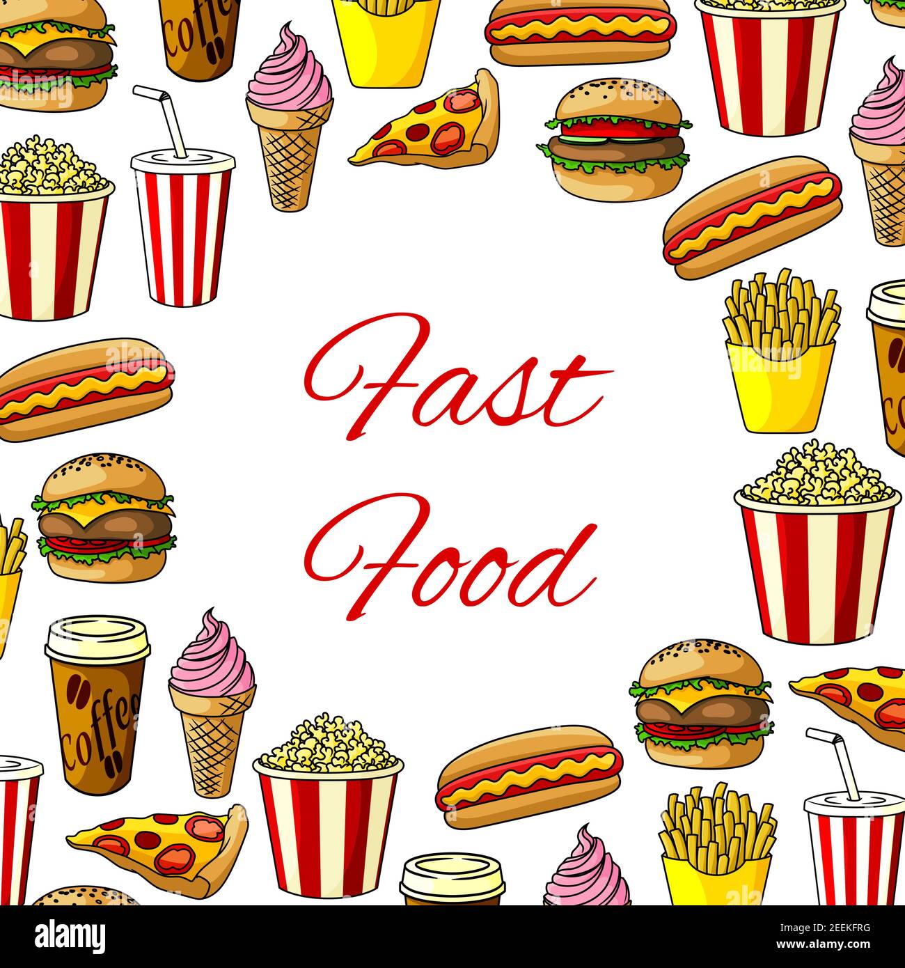 Fast food meals poster of fastfood burgers, snacks and drinks. Vector ...