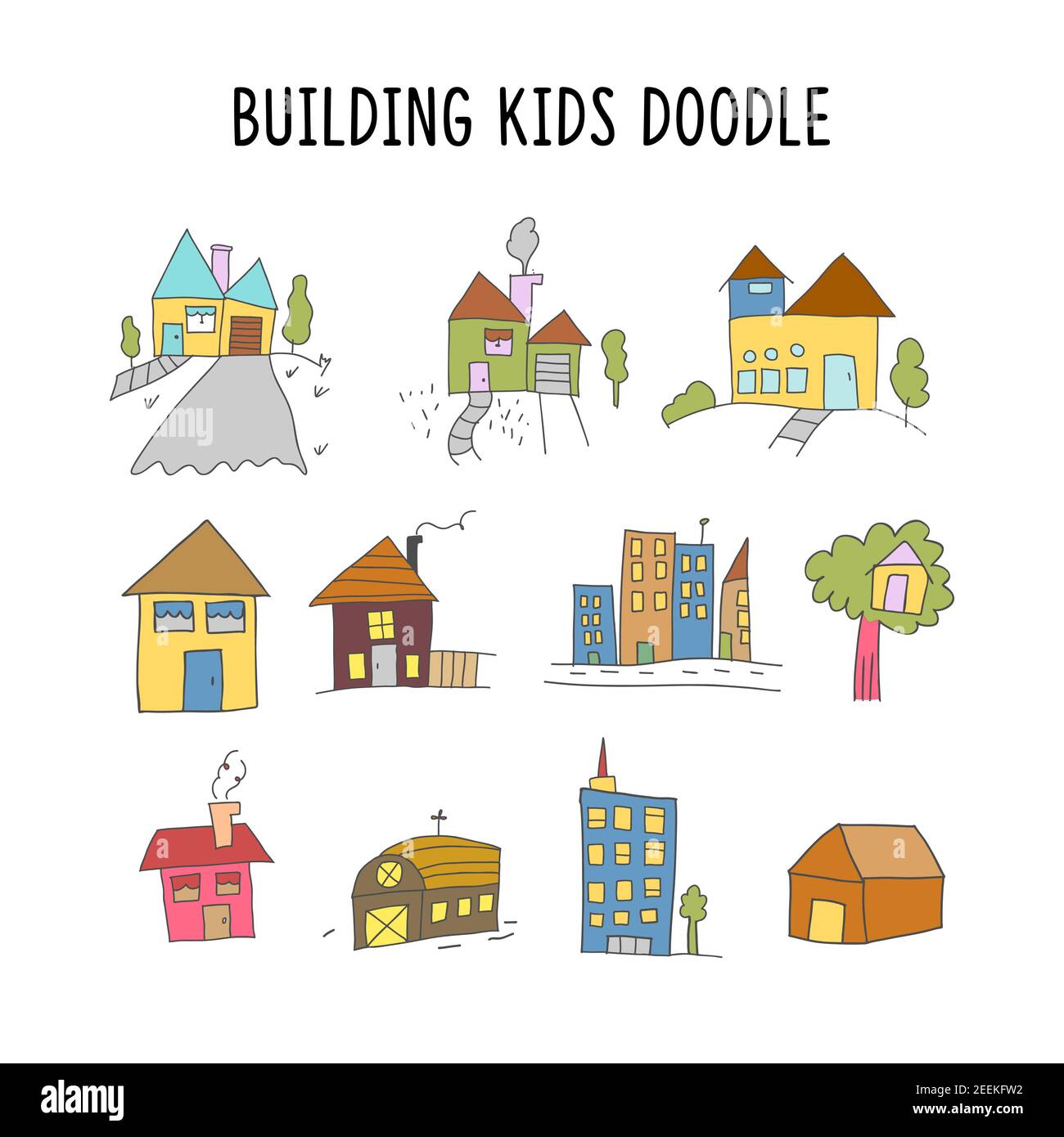 set of element building kid doodle. set of house and building in doodle ...