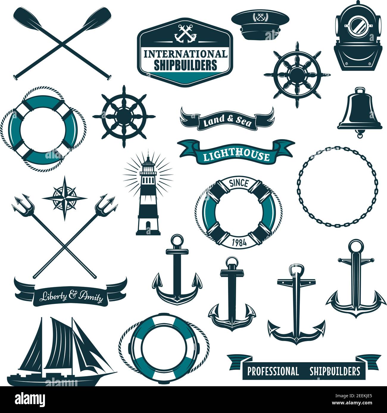 Marine navy and nautical heraldic icons set. Vector crossed paddles ...