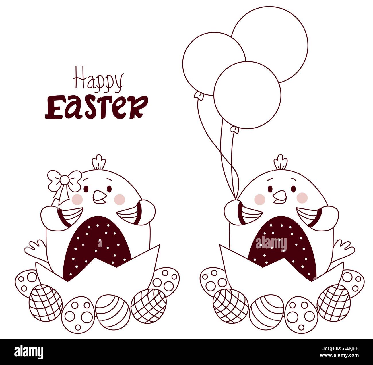 Happy Easter card. Couple of cute Easter chicks - boy and girl with ...