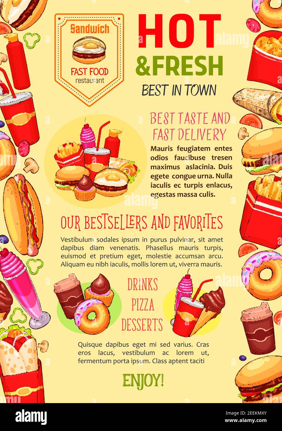 Fast food poster template for restaurant of burger, pizza and hot dog ...
