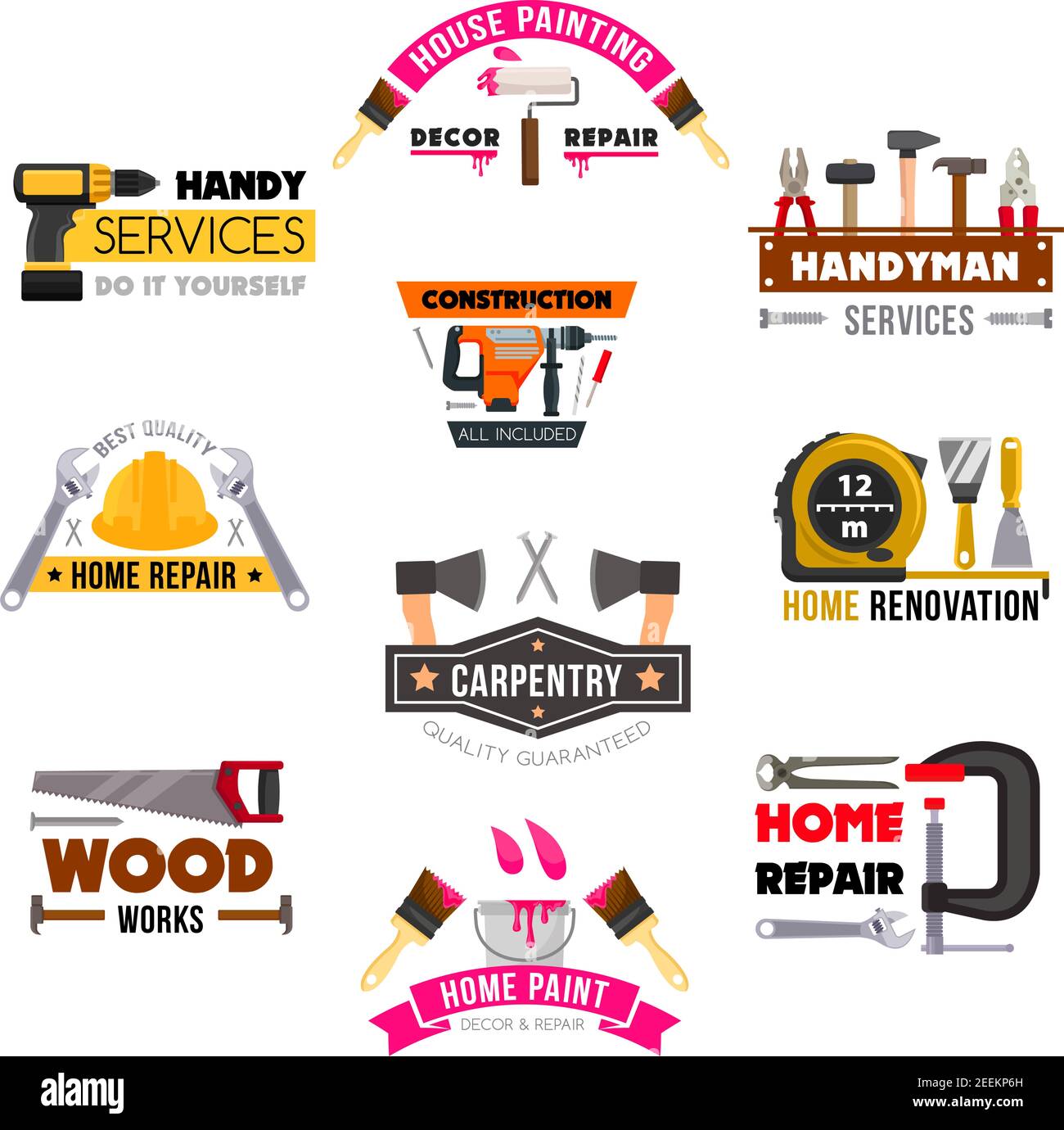 Handy service icons set for home renovation and woodwork repair. Vector ...