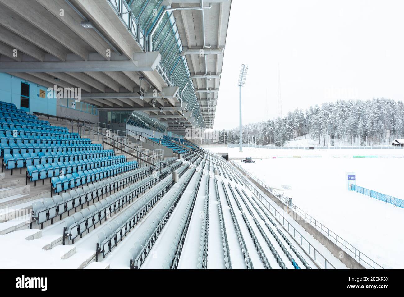 Lahti, Finland, February 14, 2021 Sports stadium stands. Winter view of ...