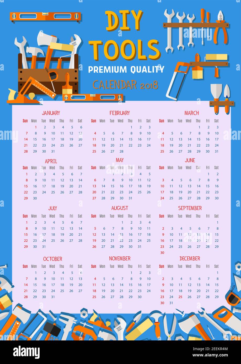 Do it yourself DIY work tools calendar 2018 template. Vector design of ...