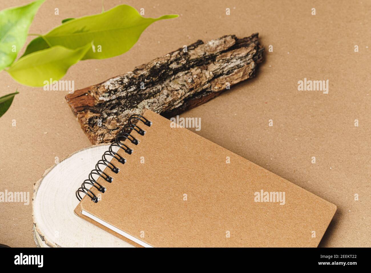 Set of craft elements with copy space and green leaves Stock Photo - Alamy