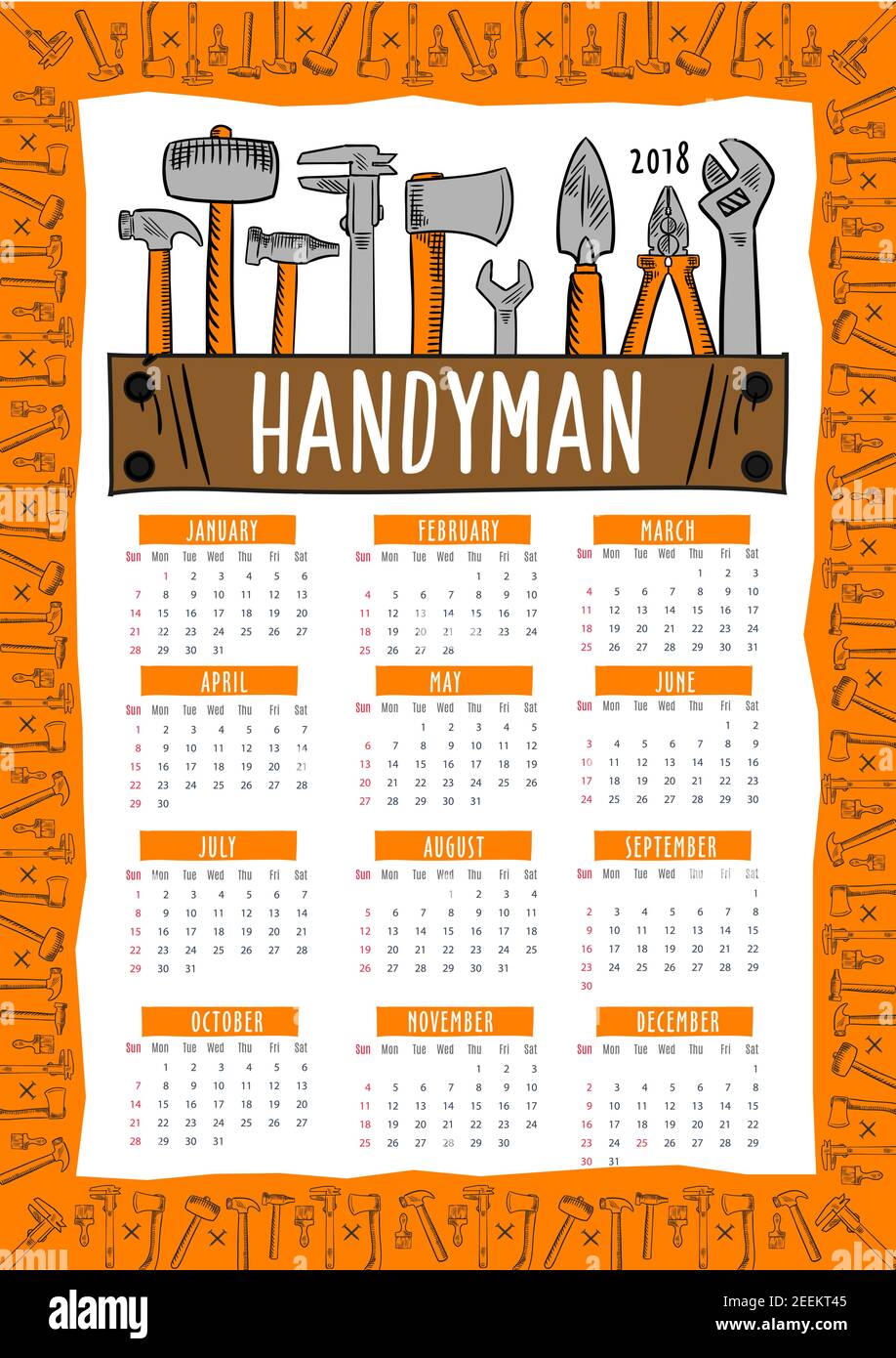 Handyman calendar 2018 vector template with work tools for home ...