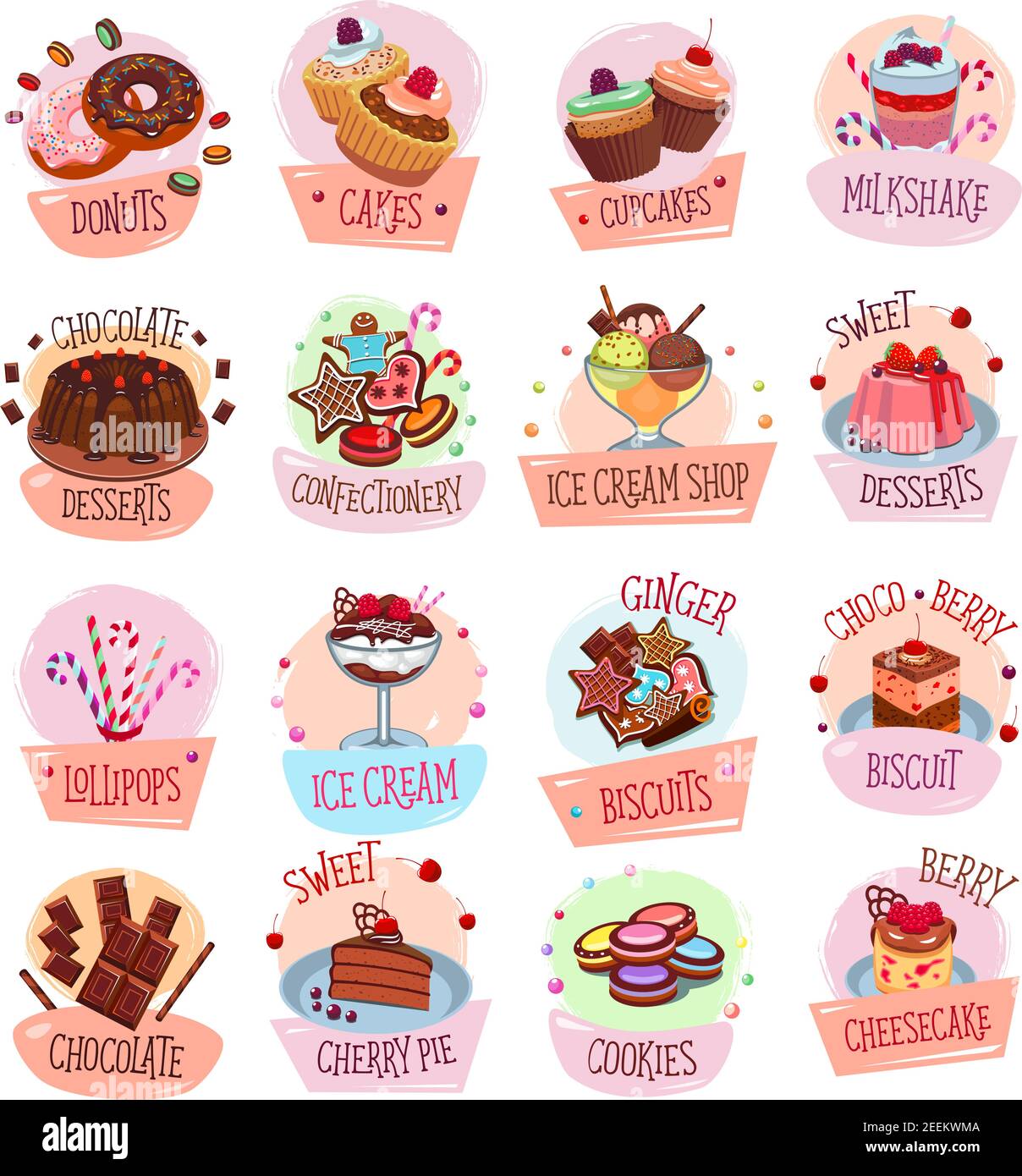 Bakery shop sweets and desserts icons for cafeteria menu. Vector set of ...
