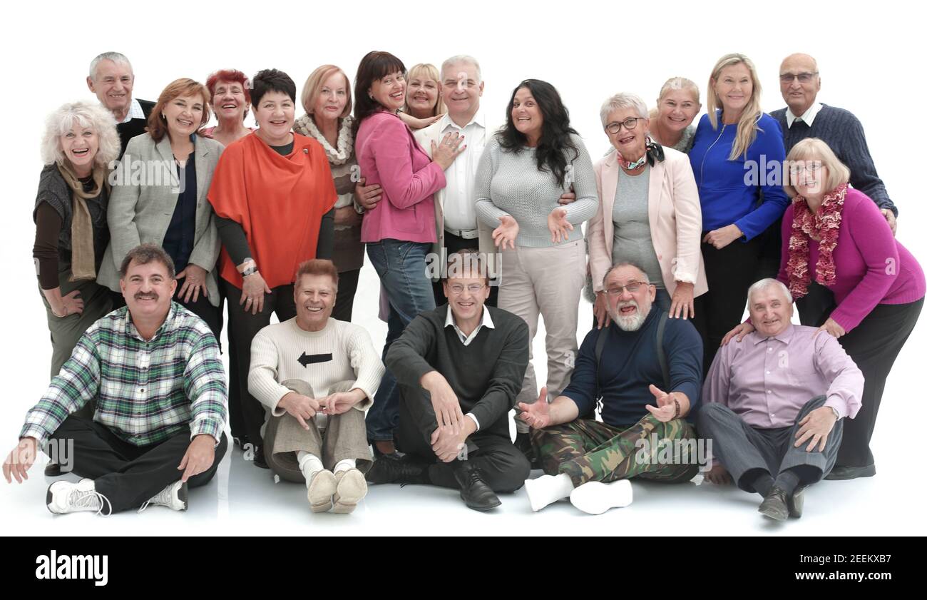 Group of happy elderly people standing and sitting isolated over a ...