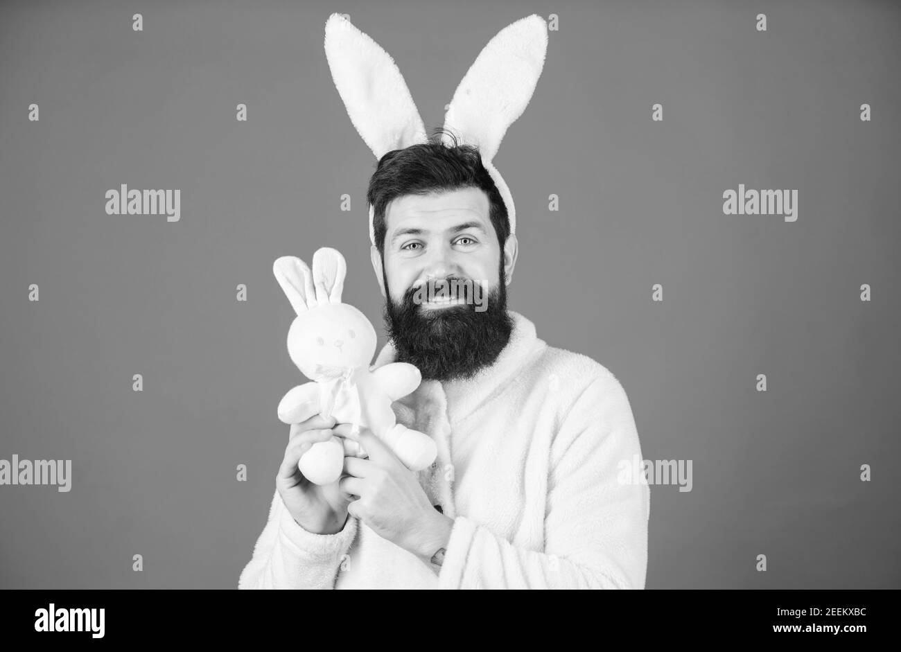 Guy bearded hipster cute gentle bunny long ears blue background ...