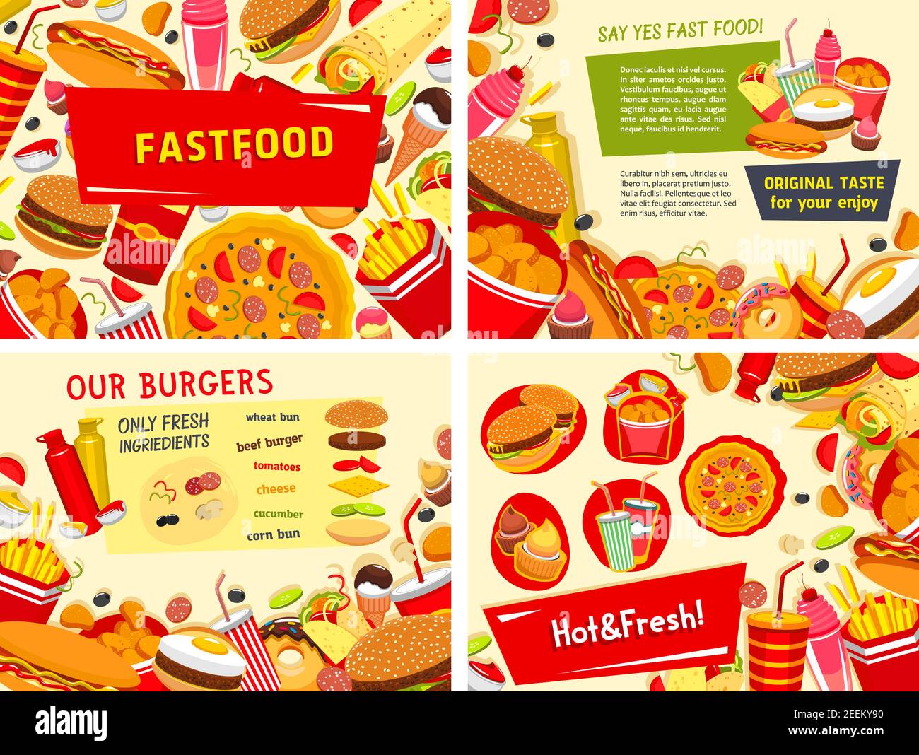 Fast food posters templates set for restaurant or fastfood cafe ...