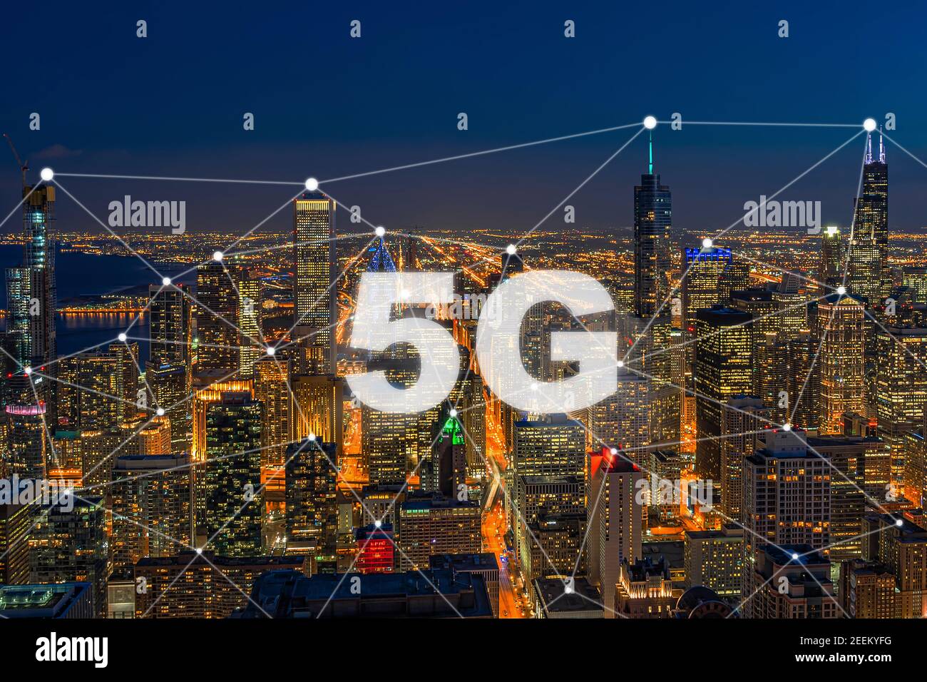 5G Connection Technology over Top view building of Chicago cityscape ...