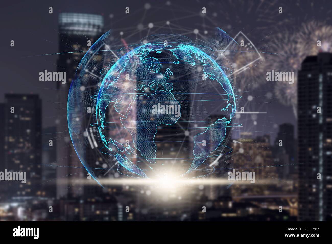 particle earth with technology network circle over the photo blurred of ...