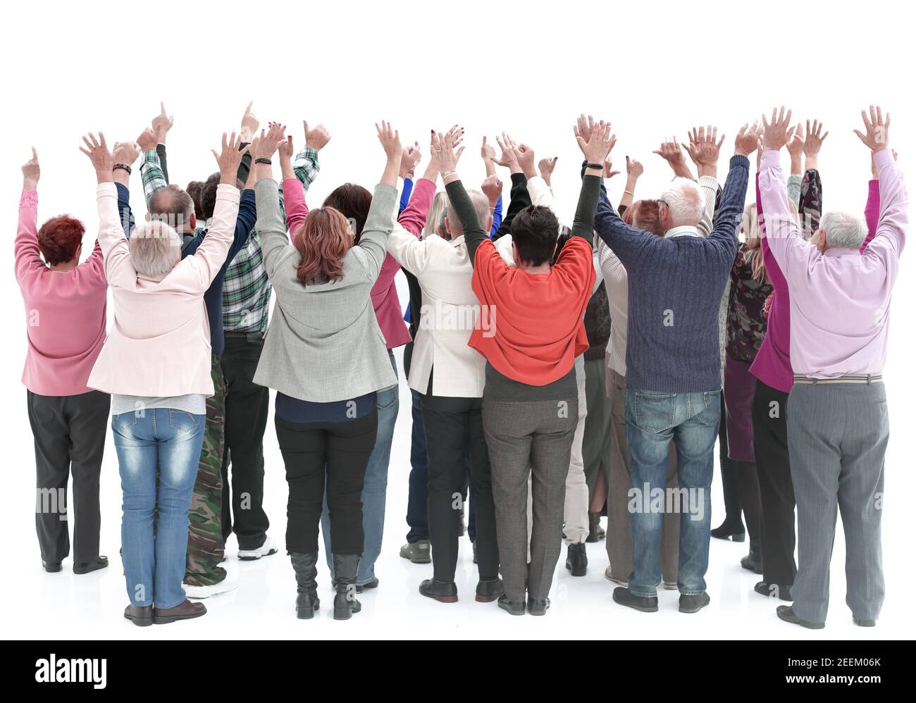 Group of adults people raising their hands up Stock Photo - Alamy