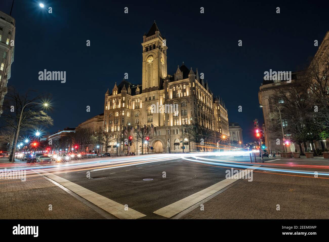 Old post office Washington DC with traffic light at night, United ...