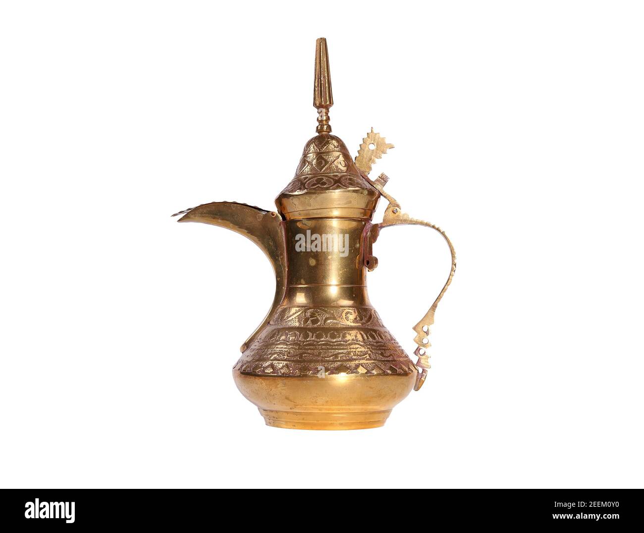 Copper jug with a traditional Arabic ornaments on a white background ...