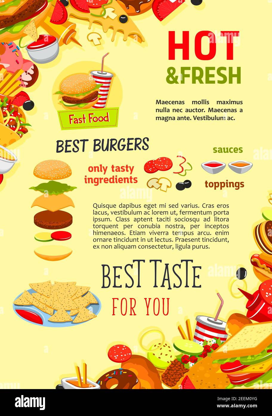 Fast food poster of hot dog, cheeseburger or pizza and french fries ...