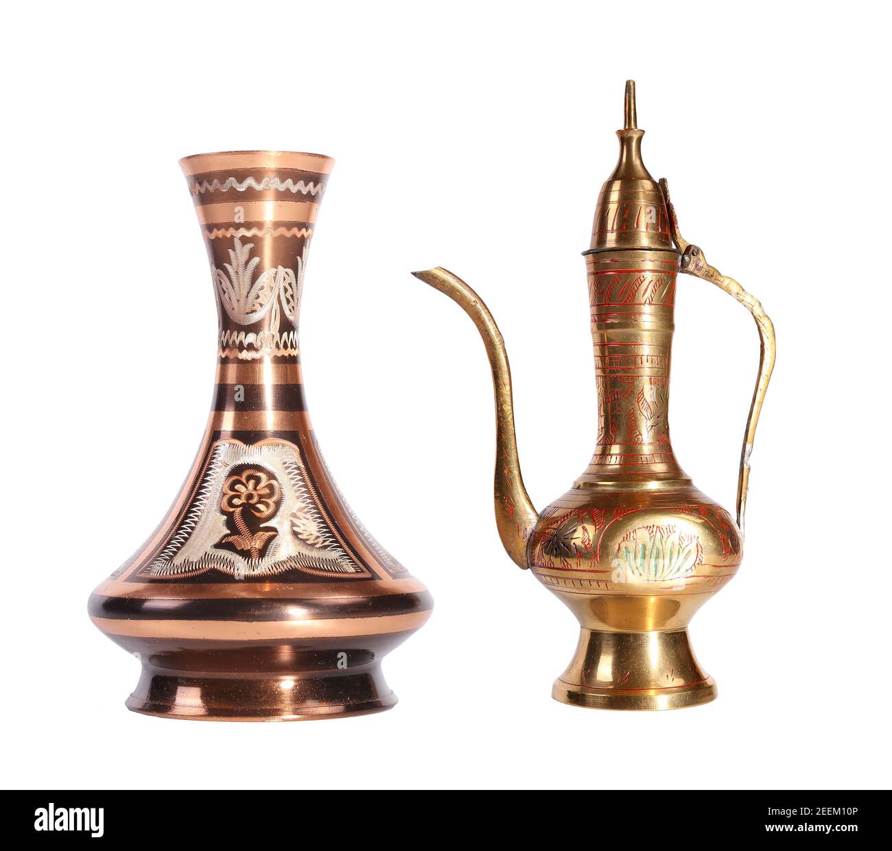 Copper jug with a traditional Arabic ornaments on a white background ...