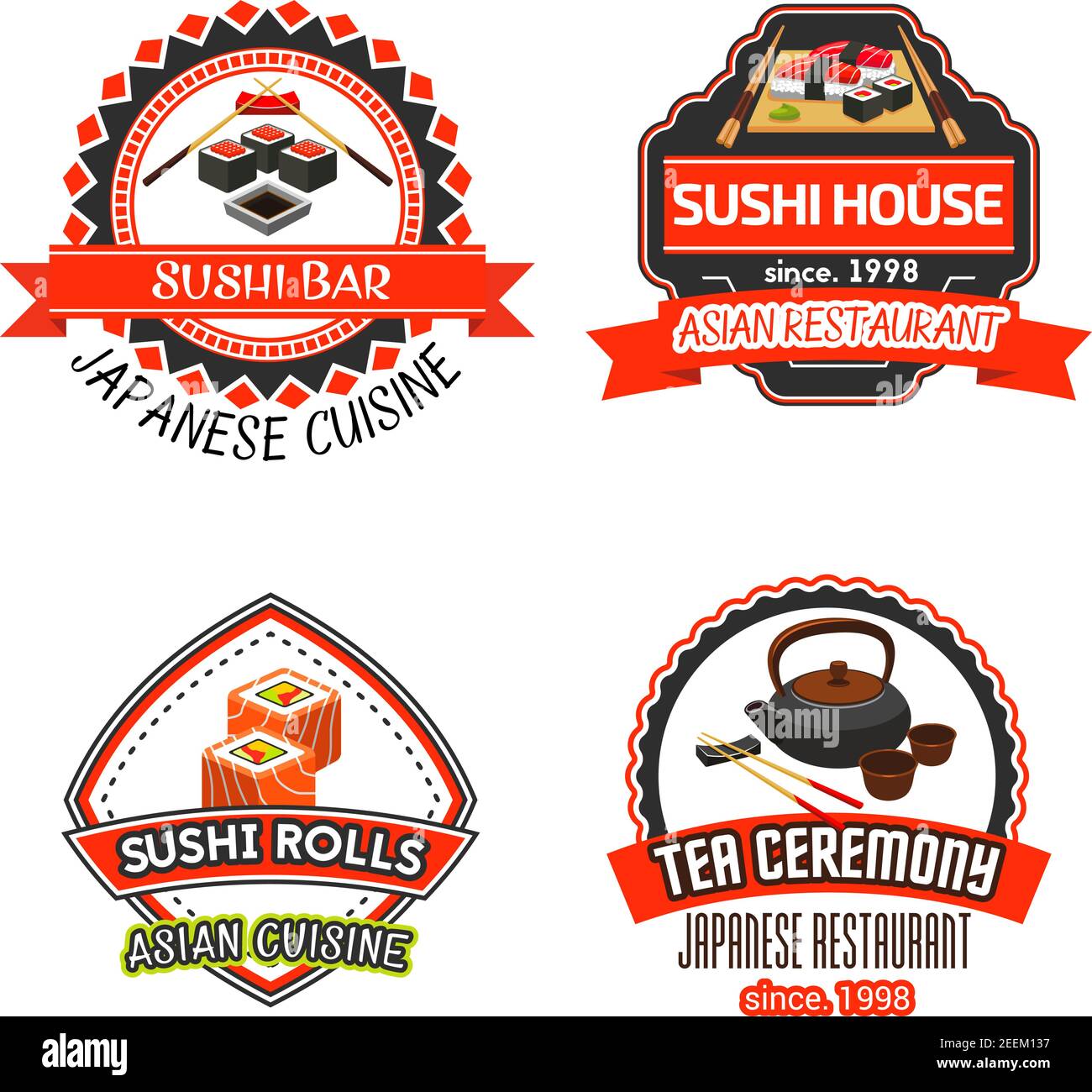Sushi bar and Japanese restaurant isolated icons. Vector set of salmon ...
