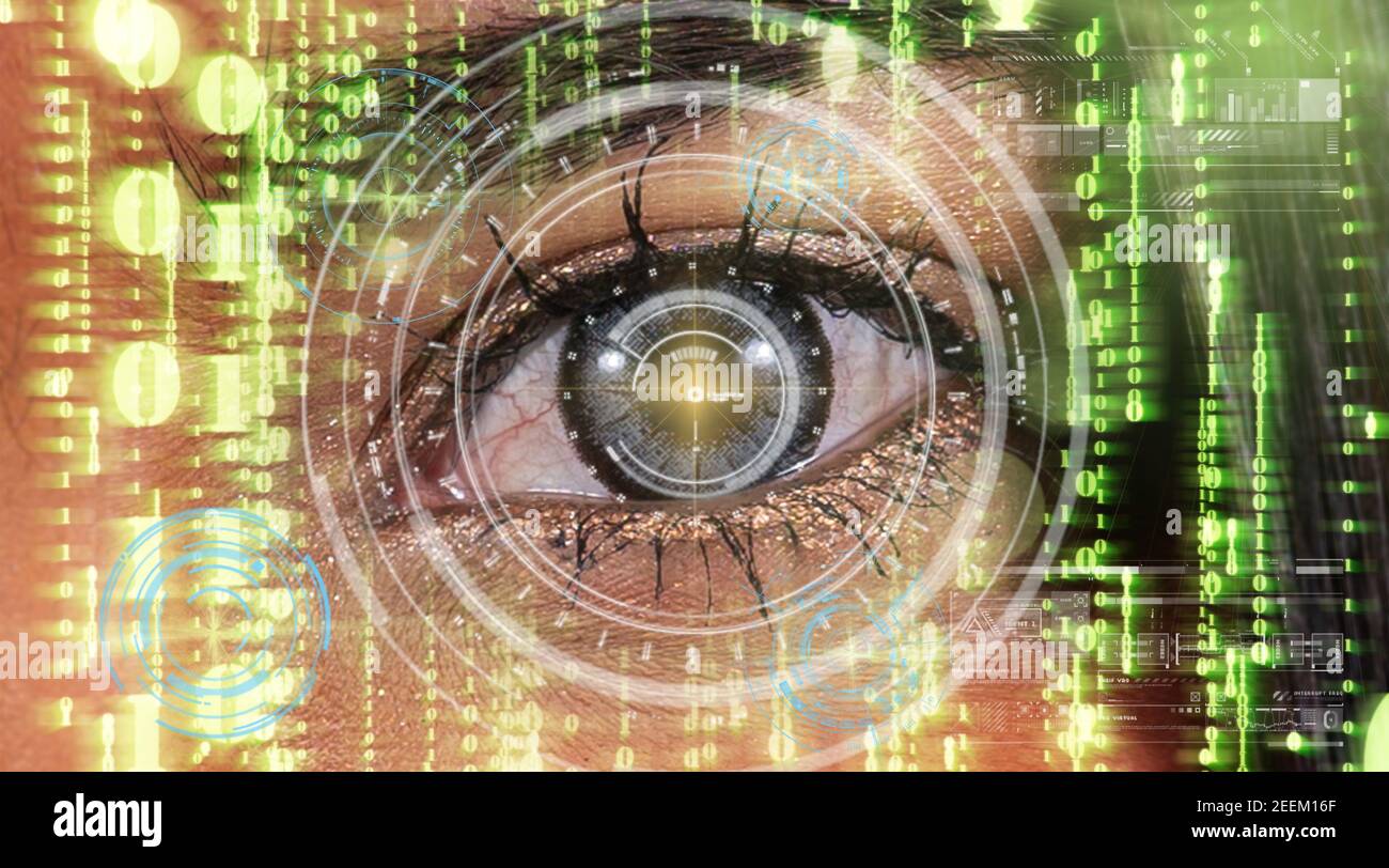 Closeup women eye with futuristic digital technology over the number ...