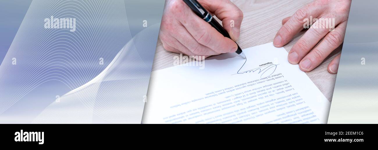 Man signing a legal document. panoramic banner Stock Photo - Alamy