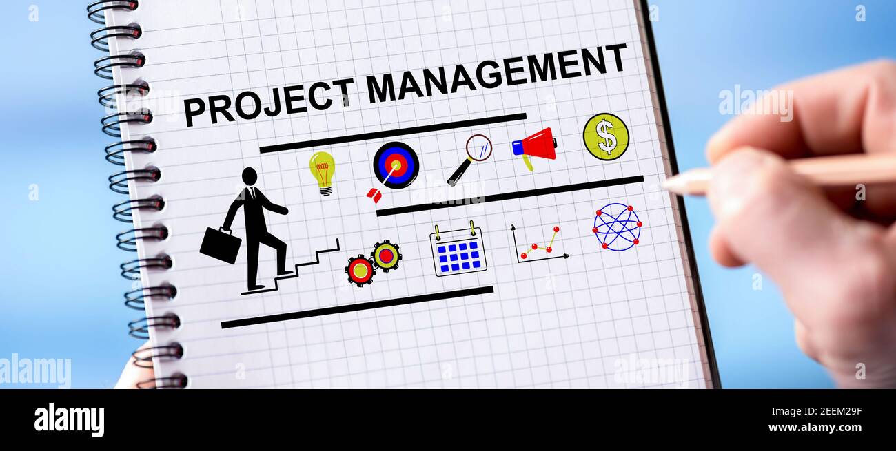 Hand drawing project management concept on a notepad Stock Photo - Alamy